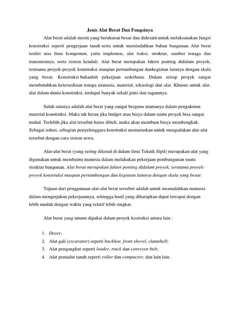 Jenis Alat Berat Dan Fungsinya | PDF Jenis Alat Berat Dan Fungsinya | PDF