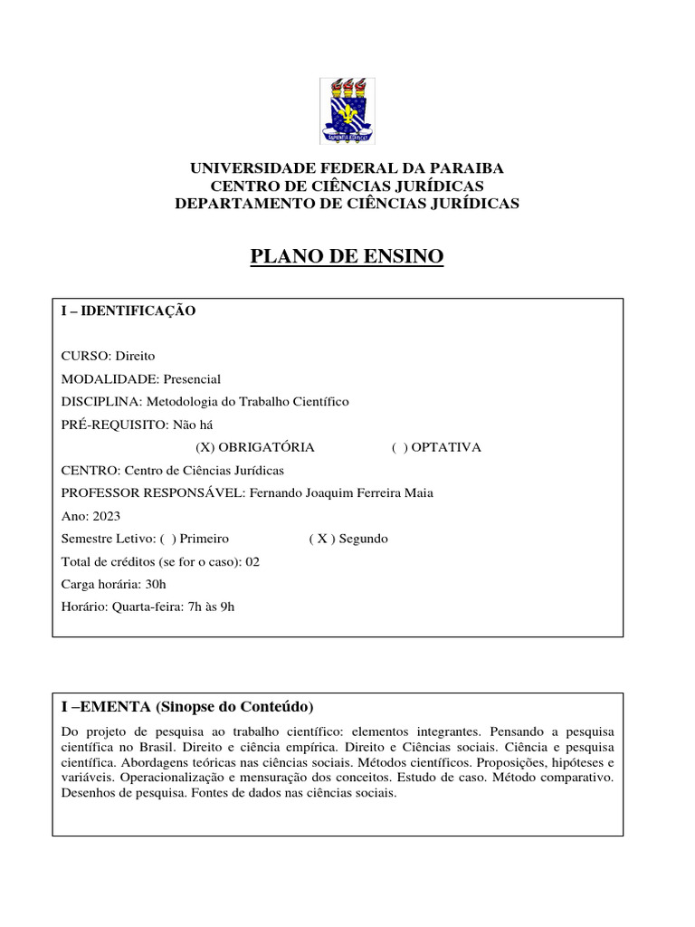 Plano de Ensino Metodologia Do Trabalho Cientfico 2023-2 Manh 1 ...
