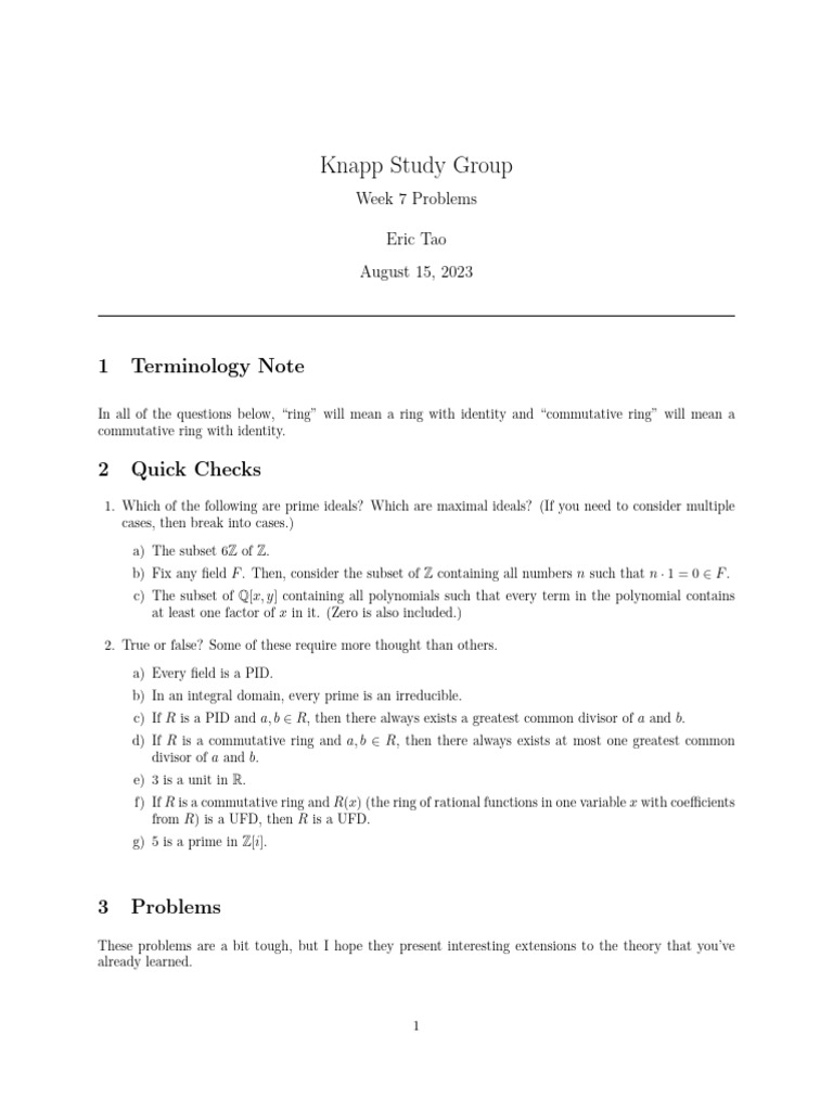 Knapp Week 7 Problems | PDF | Ring (Mathematics) | Field (Mathematics)
