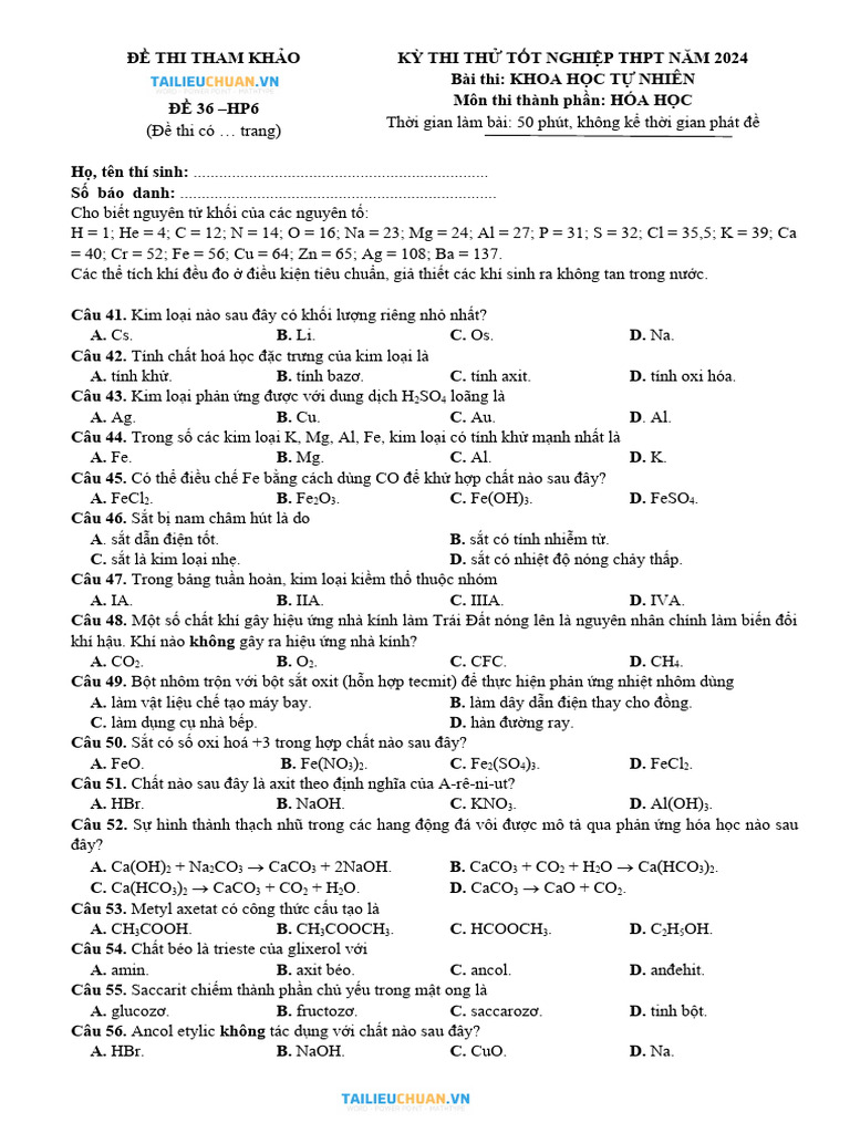 ĐỀ VIP 36 - PHÁT TRIỂN ĐỀ MINH HỌA THAM KHẢO BGD MÔN HÓA NĂM 2024 (HP6) | PDF