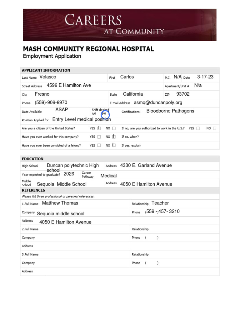 Carlos Velasco - (Template) (Template) MASH Employment Application 2022 ...