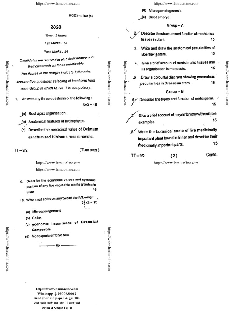 BSC Part 2 Hons Botany Paper 4 2020 | PDF