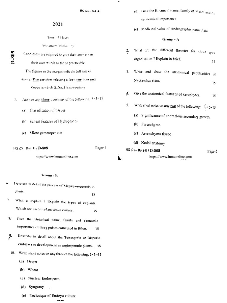BSC Part 2 Hons Botany Paper 4 D 808 2021 | PDF
