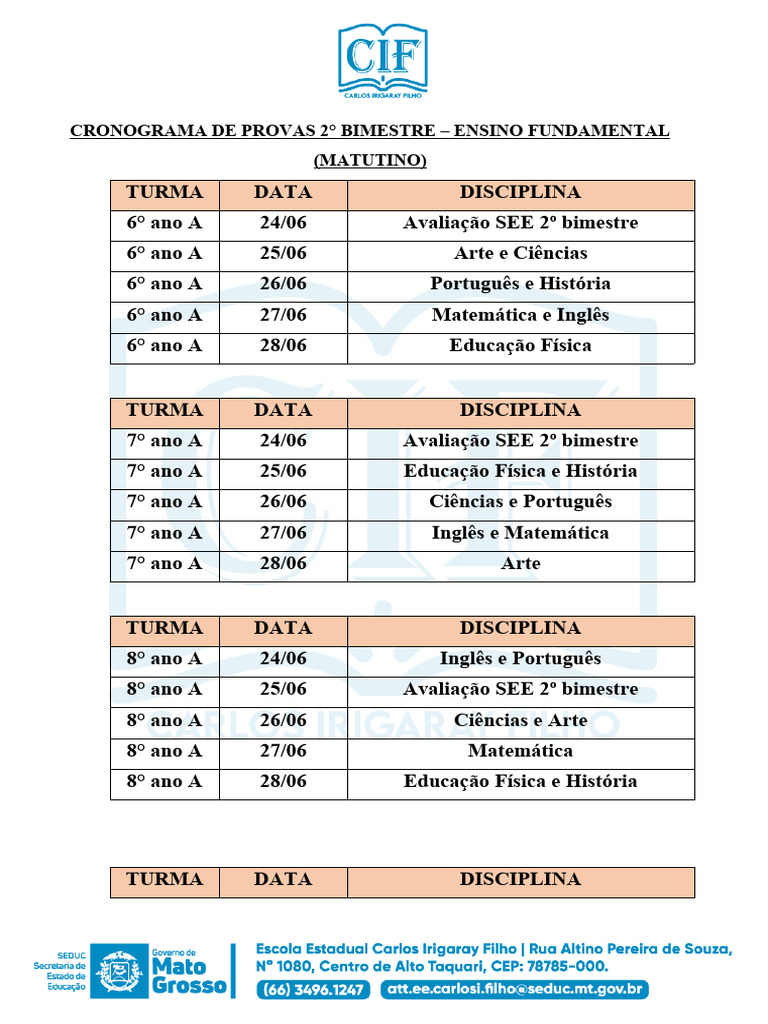 Calendário de Provas - 2° Bimestre - Ensino Fundamental | PDF | Science