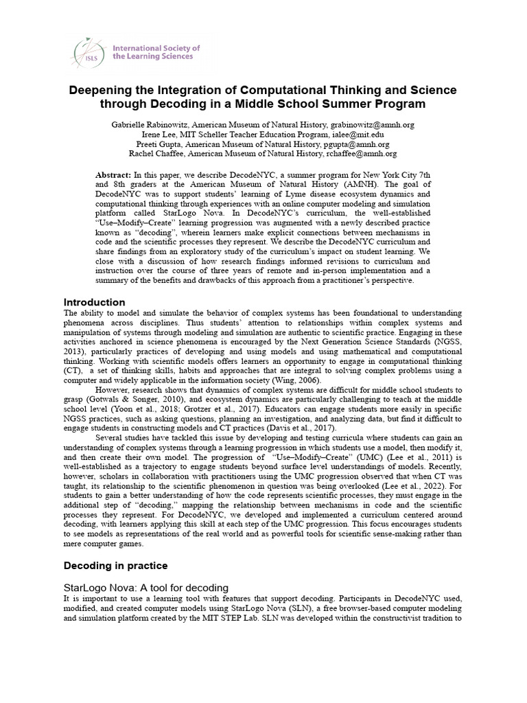 Deepening The Integration of Computational Thinking and Science Through Decoding in A Middle ...