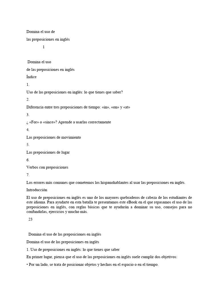 Preposiciones en Inglés Resumen 2023 | PDF | Preposición y Postposición ...