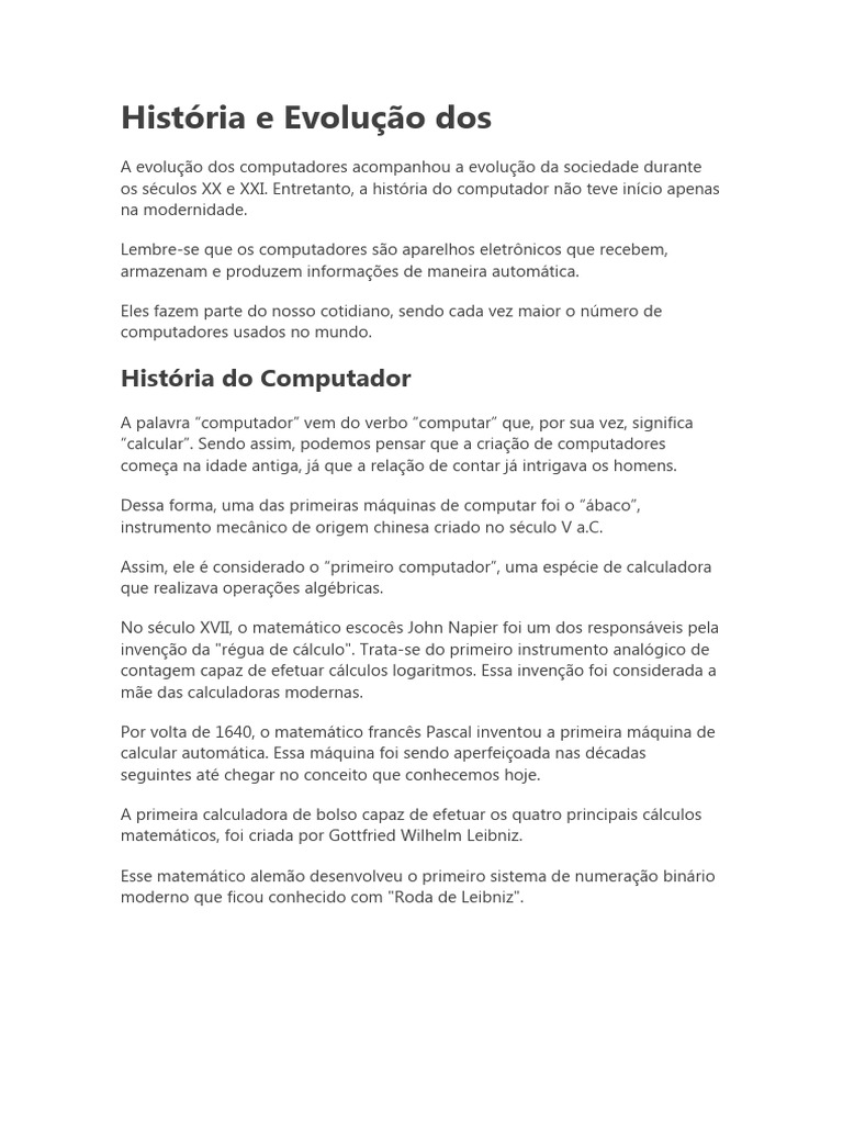 História e Evolução | PDF | Matemática | Ciência da Computação