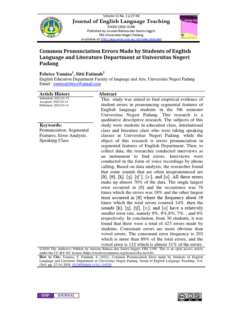 Common Pronunciation Errors Made by Students of English | Download Free PDF | English As A ...