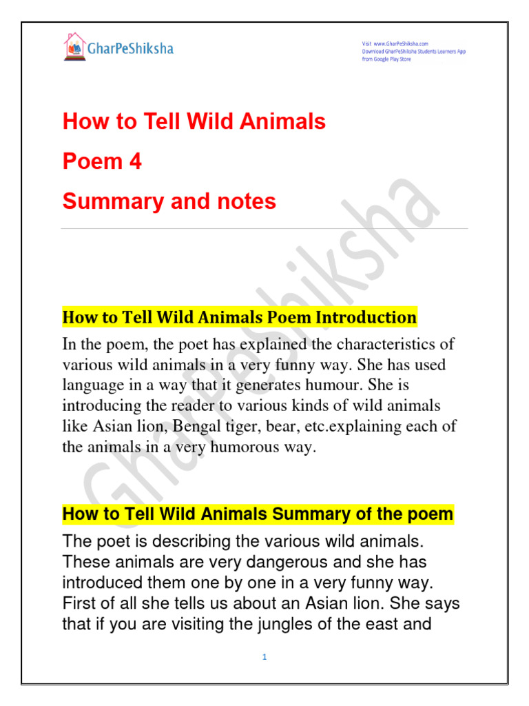 How To Tell Wild Animals Poem 4 Notes and Summary | PDF | Tiger | Poetry