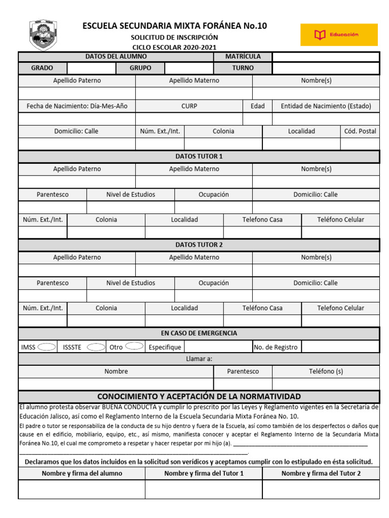 Solicitud de Inscripción 2020-2021 | Descargar gratis PDF | Educación ...