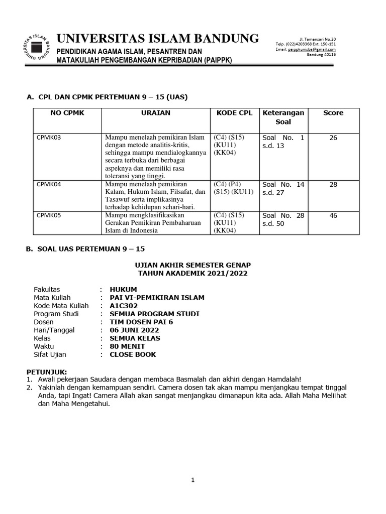 Uas Pai 6 Pemikiran Islam + Ekul-1 | PDF