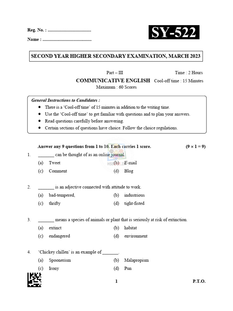 Hsslive March 2023 QN SY 522 Communicative English PDF
