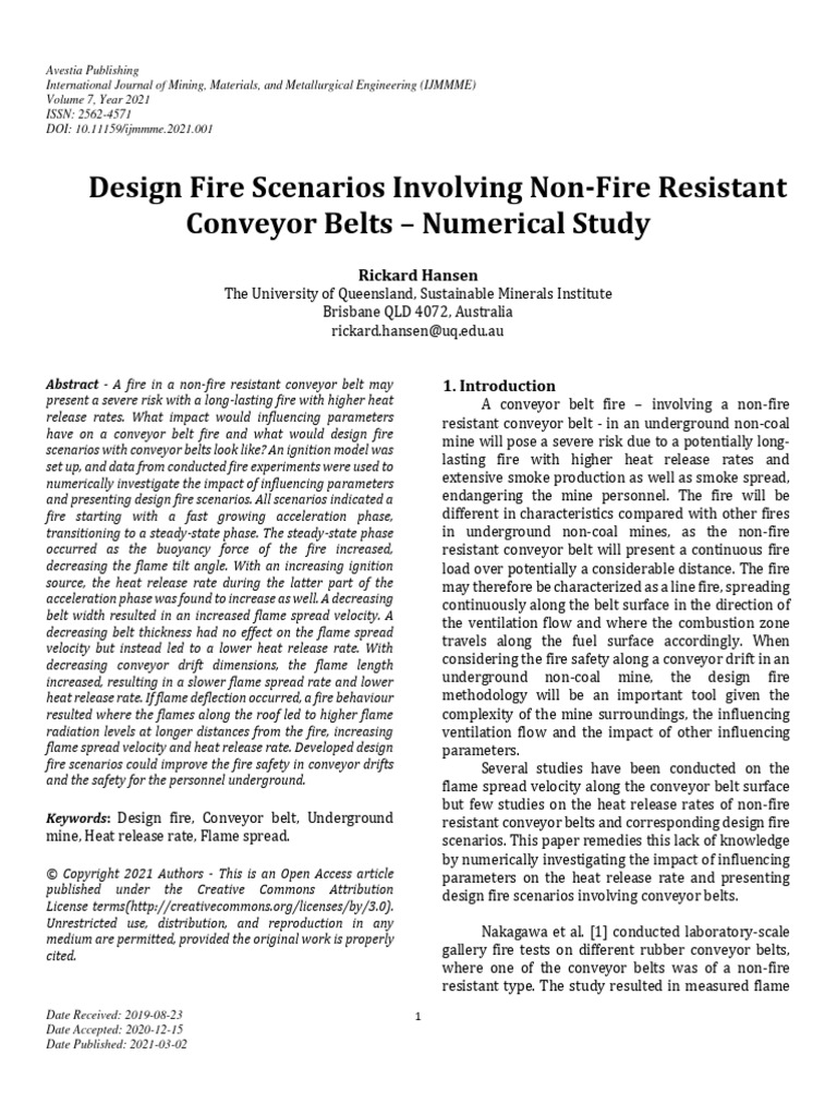 Design Fire Scenarios Involving Non-Fire Resistant Conveyor Belts ...