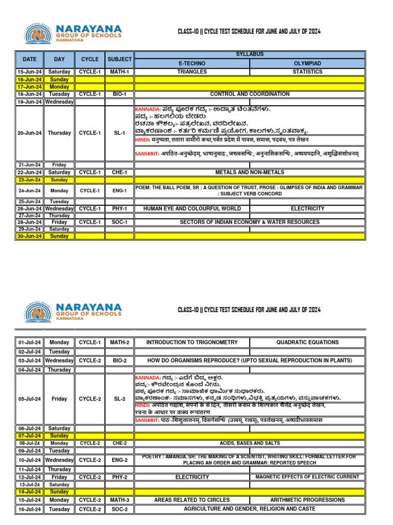 Grade X Cycle Test Schedule For The Month of June and July | PDF ...