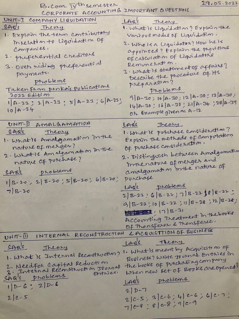 Bcom 4th Sem Corporate Accounting Important Questions | PDF