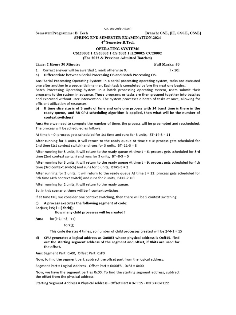 CS-20002 (Os) - CS End April 2024 | PDF | Process (Computing) | Scheduling (Computing)