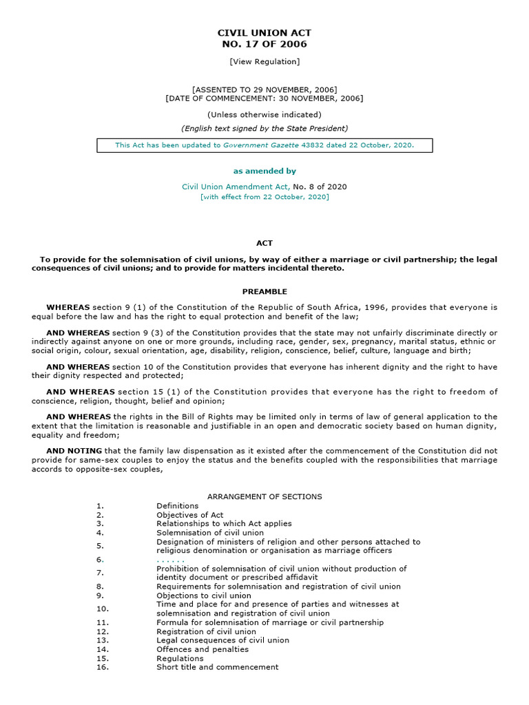 South Africa Civil Union Act Overview | PDF | Marriage | Civil Union