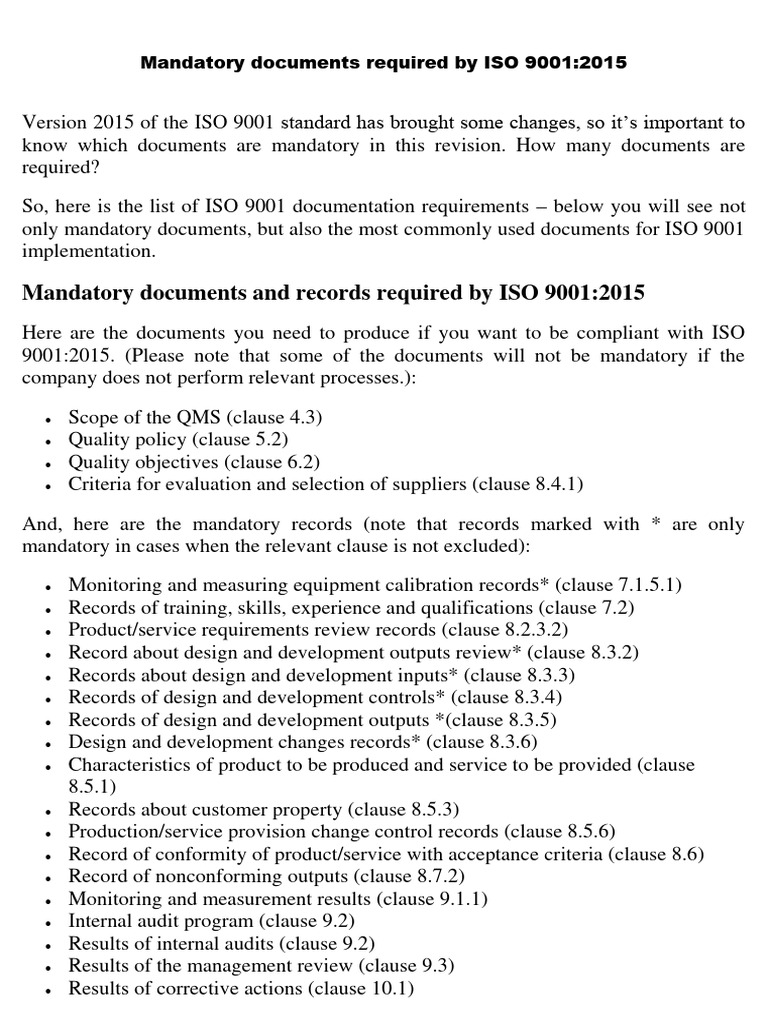 ISO 9001:2015 Mandatory Document List | PDF | Iso 9000 | Business