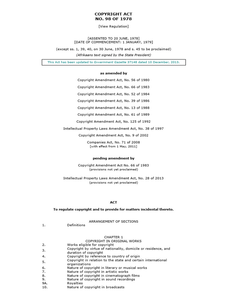 Copyright Act No. 98 of 1978 | PDF | Copyright | License