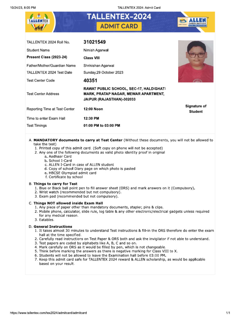Tallentex Admit Card | PDF