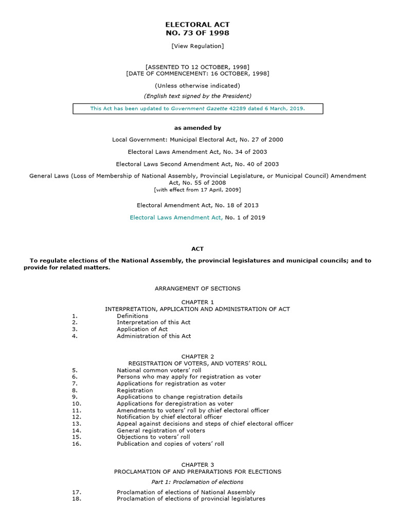 South Africa Electoral Act Overview | PDF | Government | Governance