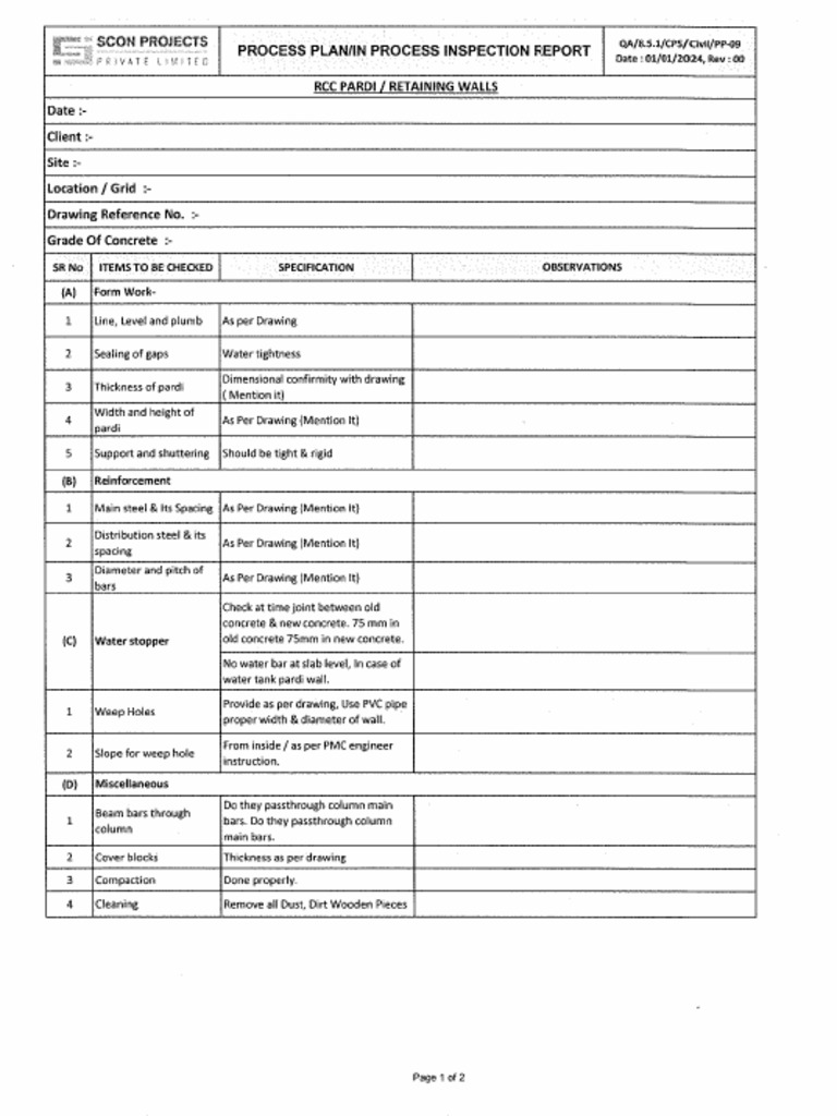 PP-09 - Civil Checklist - RCC Pardi & Retaining Wall | PDF