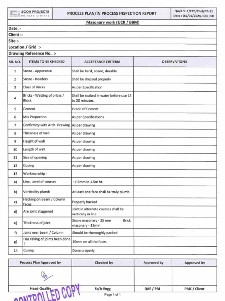 PP-11 - Civil Checklist - Masonary Work | PDF