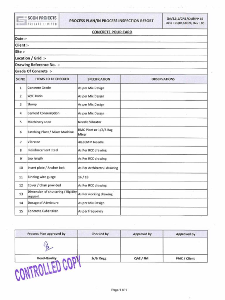 PP-10_Civil Checklist_Concrete Pour Card | PDF
