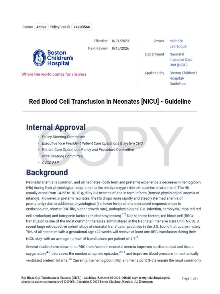 Red Blood Cell Transfusion in Neonates - NICU - Guideline | Download ...