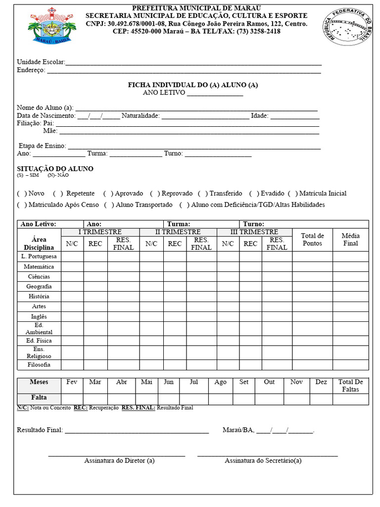 7 Ficha Individual Do Aluno 2020 | PDF | Inquérito | Educação em Artes ...
