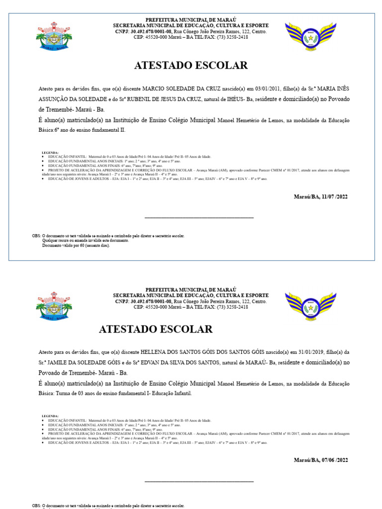 Atestado Escolar Novo | PDF | Educação para adultos | Instituições ...