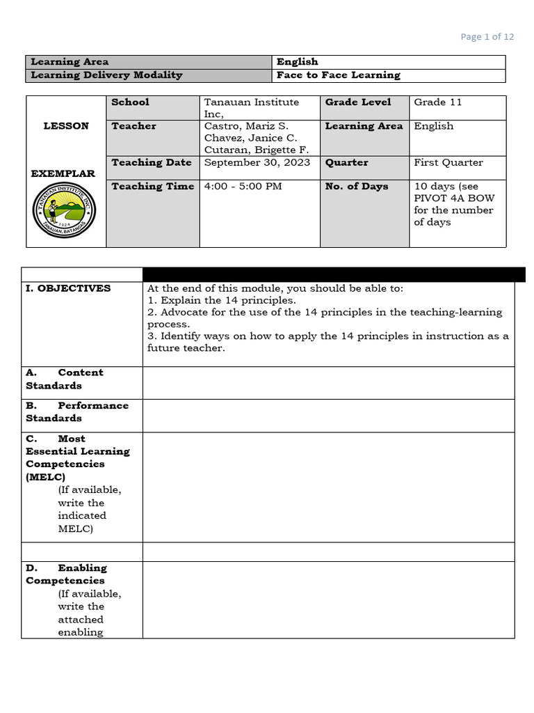 Lesson Plan 14 Learner Centered Principles 1 | PDF | Learning ...