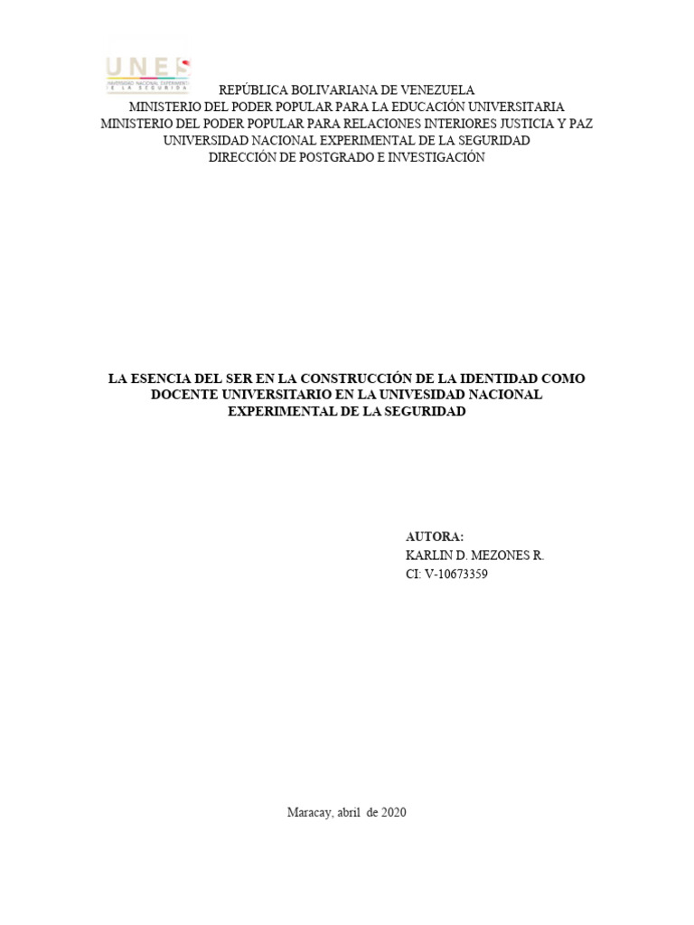 La Esencia Del Ser en La Construcción de La Identidad Como Docente Universitario en La ...