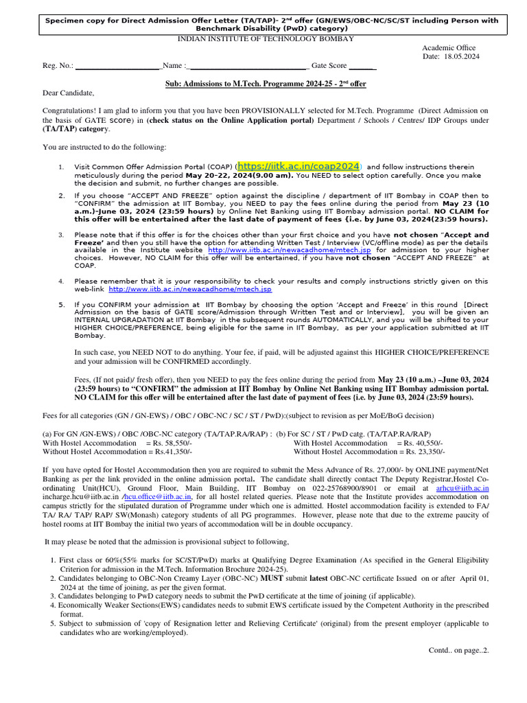 DA MTech Second Offer Letter 2024 | PDF | Online And Offline