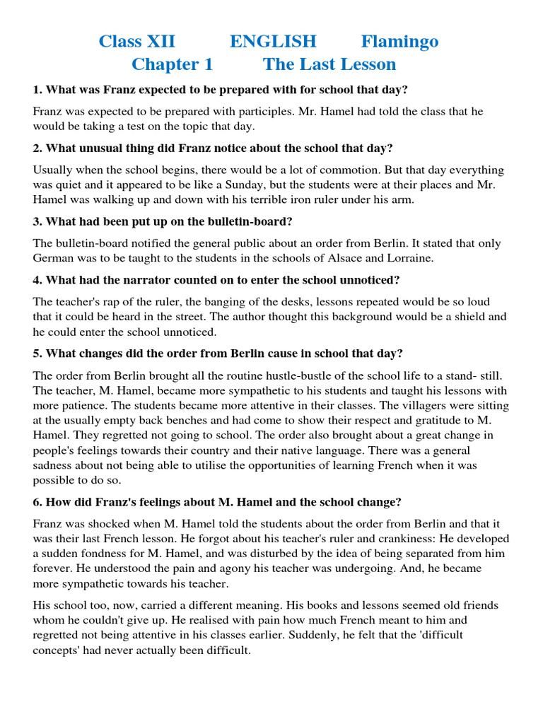 Class XII Flamingo Ch.1 The Last Lesson Question-Answers 104711 | PDF