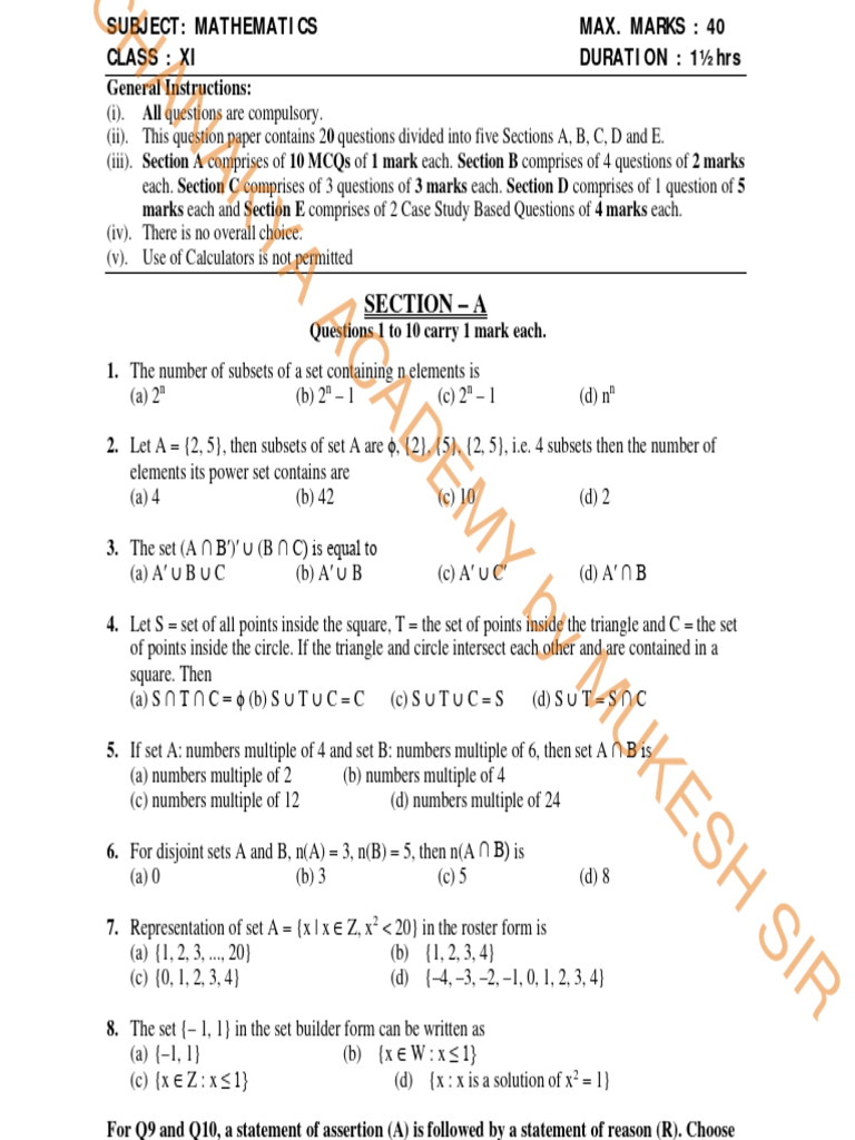 Class XI Set Theory Practice Paper | PDF | Mathematical Logic ...