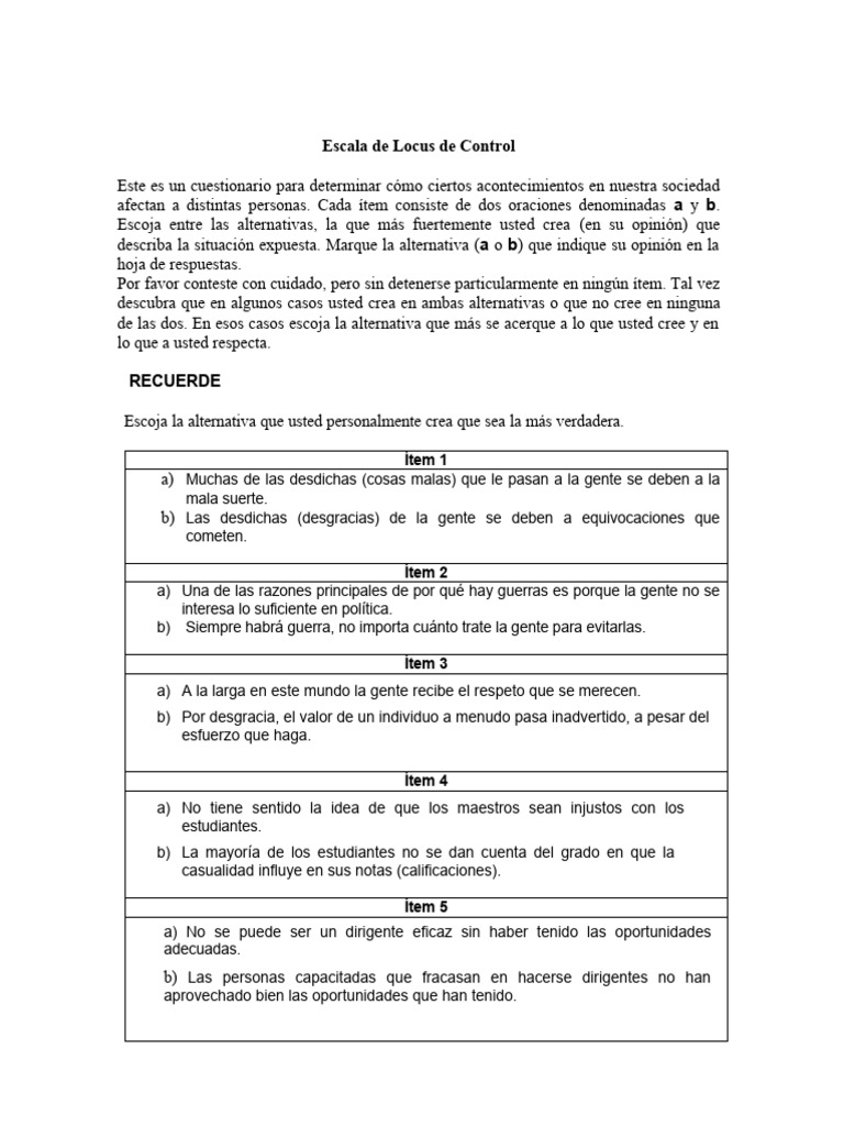 Escala de Locus de Control - Items | PDF | Relaciones personales ...