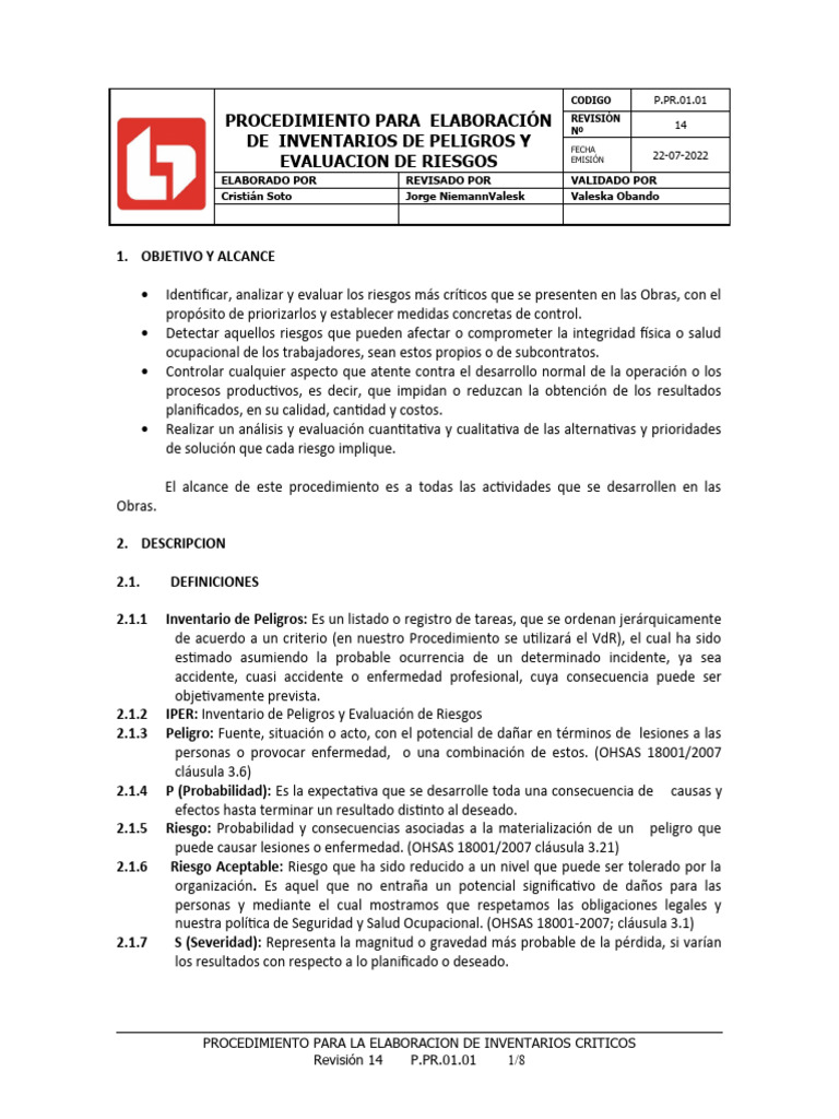 P PR 01 01 Procedimiento para Elaboracion de Inventarios de Peligros y Evaluacion de Riesgos ...