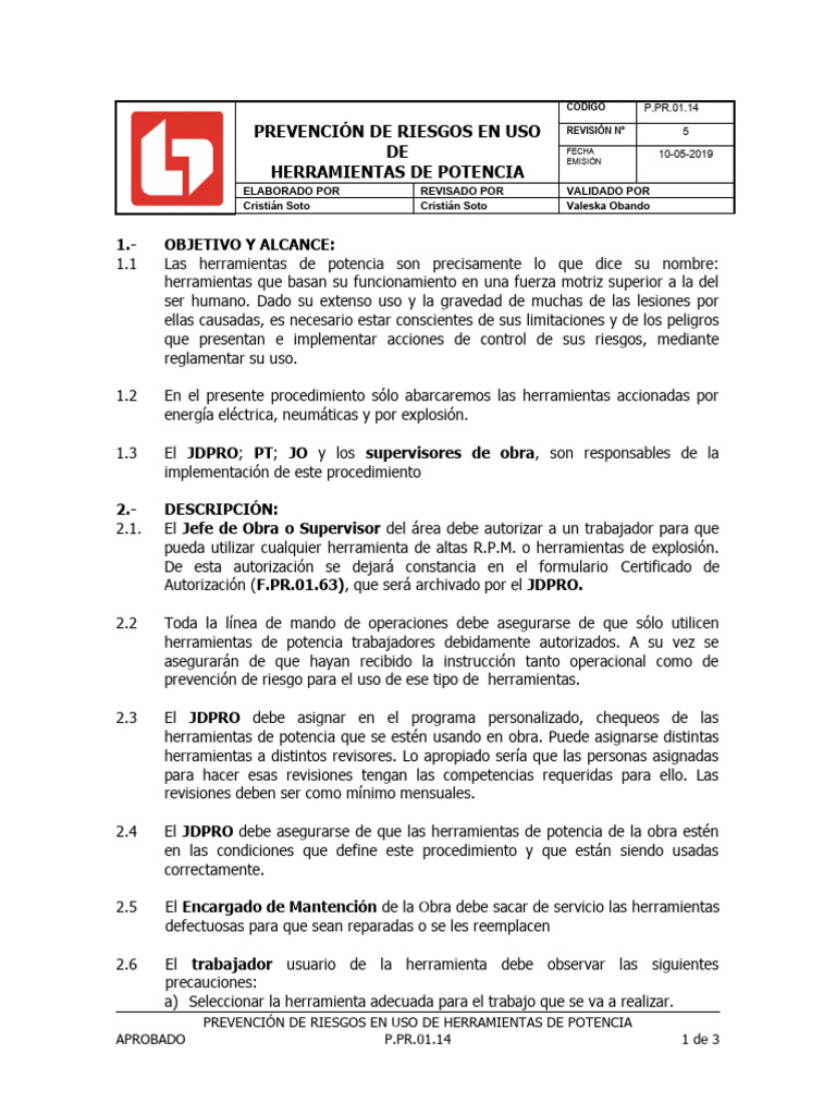 p Pr 01 14 Prevencion de Riesgos Uso de Herramientas de Potencia | PDF | Herramientas | Enchufes ...