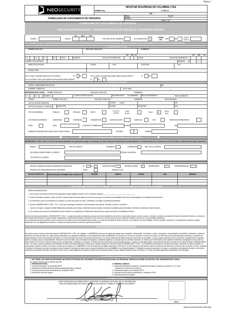 Formulario de Conocimeinto A Terceros Ft-Sig-18 | PDF | Bases de datos | Business