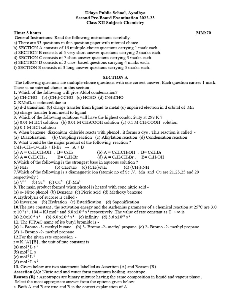 XII Chemistry QP Pre Board II | PDF | Osmosis | Proteins