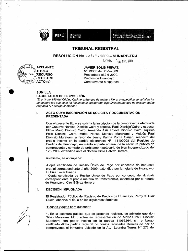 Res 1219 2009 SUNARP Representacion Voluntaria | PDF | Documentos legales | Derecho Civil ...
