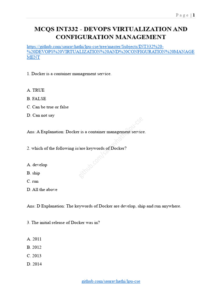 MCQS INT332 - DEVOPS VIRTUALIZATION AND CONFIGURATION MANAGEMENT | PDF ... MCQS INT332 - DEVOPS VIRTUALIZATION AND CONFIGURATION MANAGEMENT | PDF ...