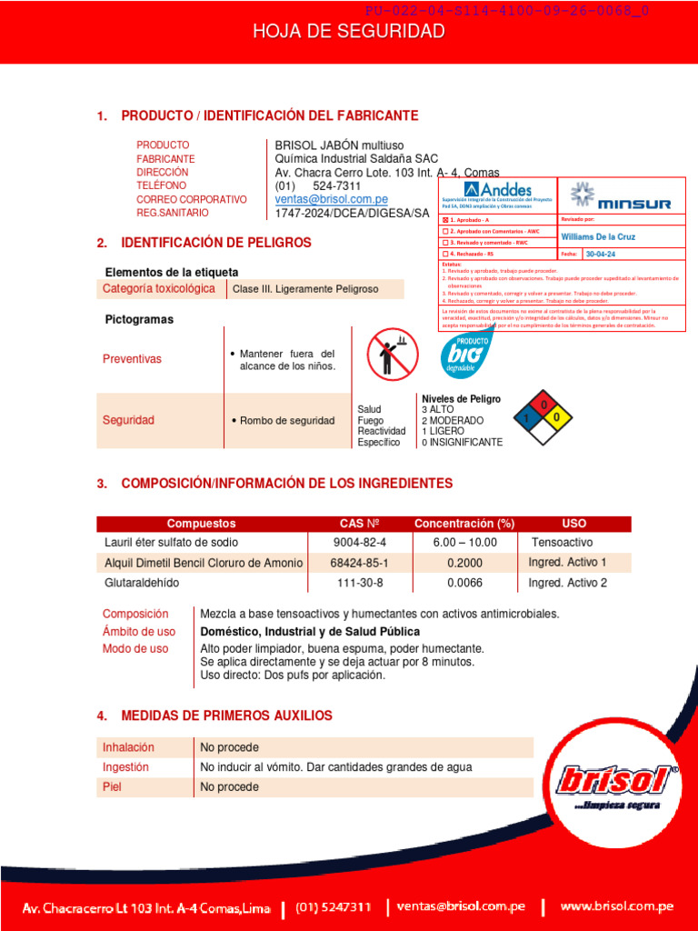 Hoja de Seguridad: Brisol Jabón Multiuso | PDF