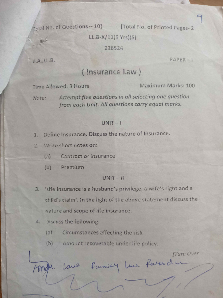 Insurance Law Question Papers | PDF