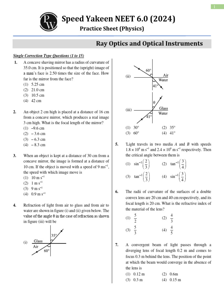 Ray Optics and Optical Instruments Practice Sheet Yakeen NEET 6 | PDF ...