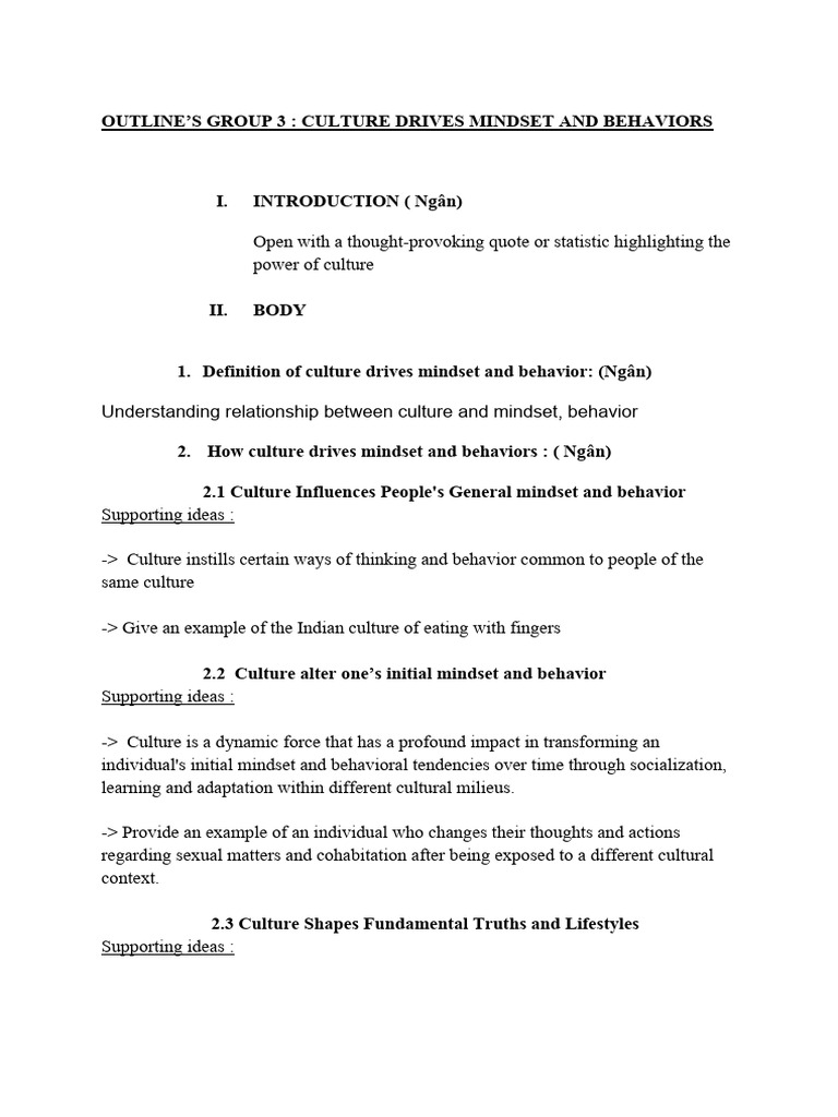 Outline Final Group 3 - Culture Drives Mindset and Behaviors | PDF ...