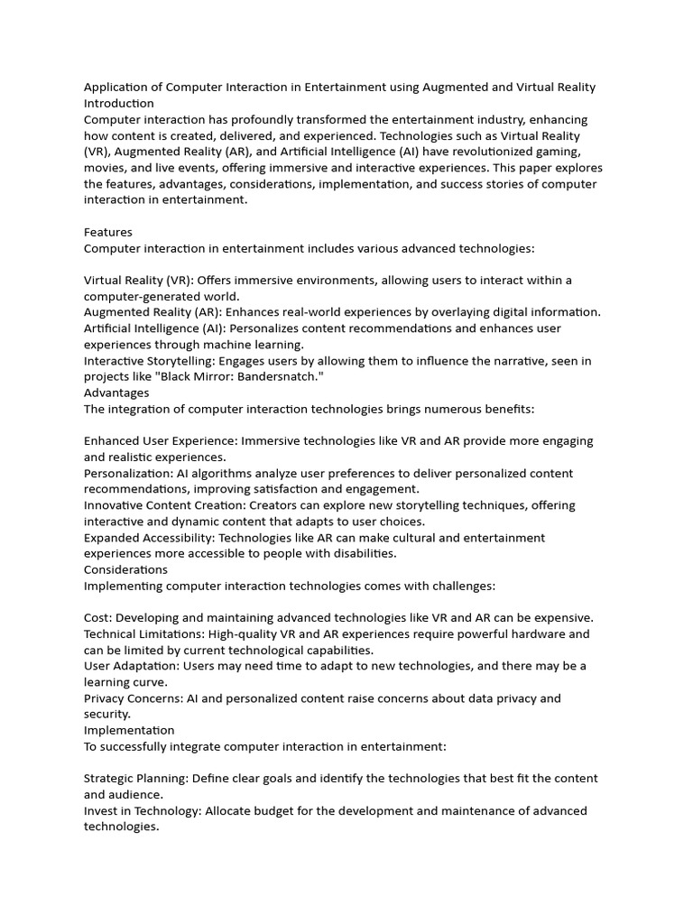 Application of Computer Interaction in Entertainment Using Augmented ...