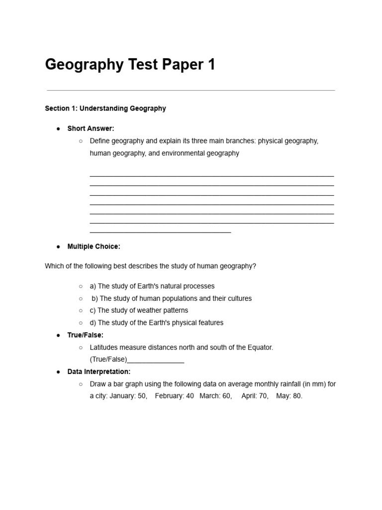 Geography Test Paper 1 | PDF | Geography | Climate