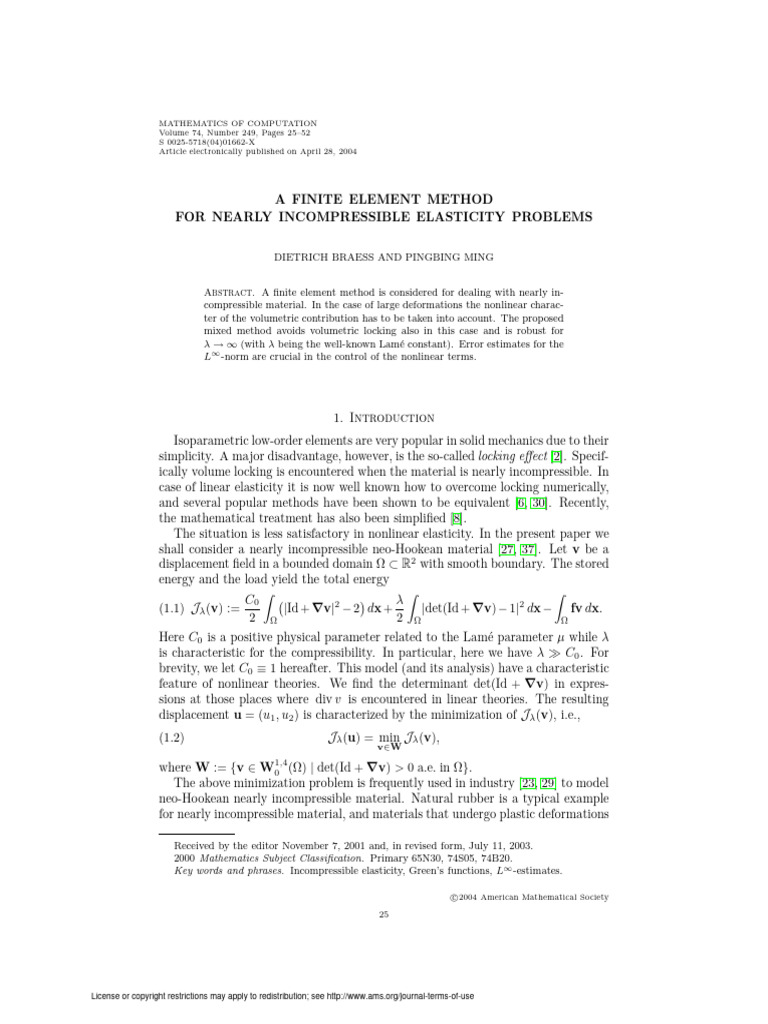 2004 Braess A FEM For Nearly Incomressile Elasticity | PDF | Finite Element Method | Matrix ...
